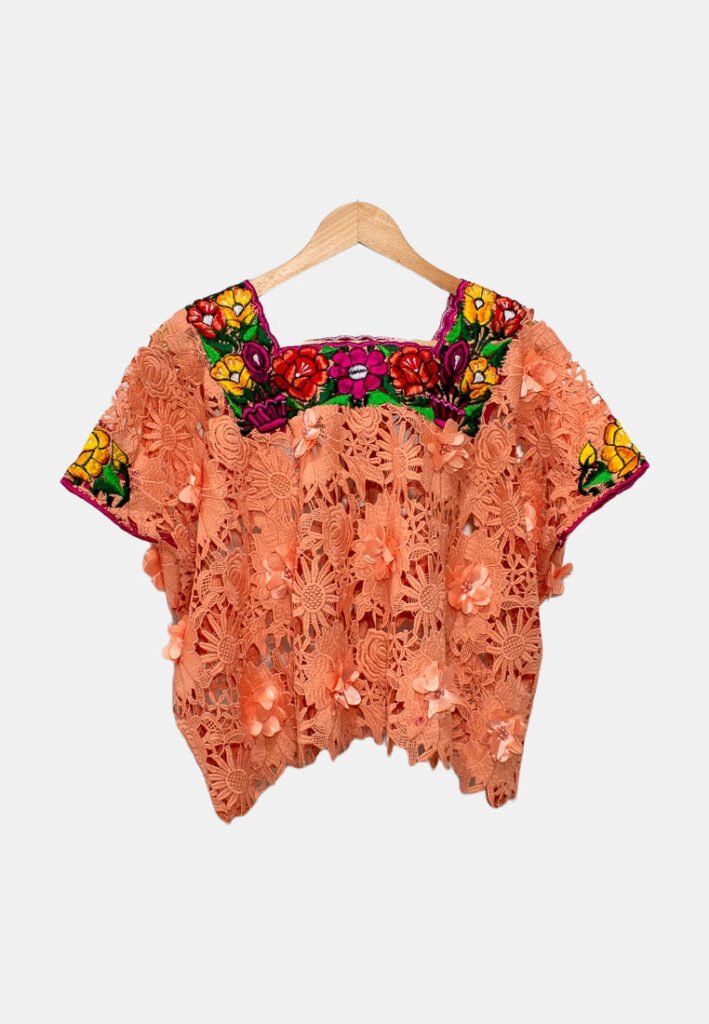 Blusa Cobanera de diseño en Flores, color melón, con cuello bordado de ...